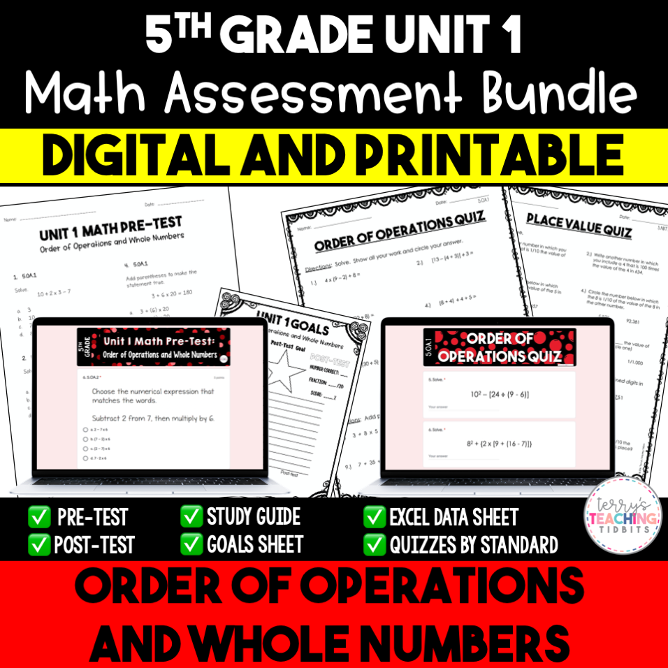 5th Grade Math Unit 1 Assessments: Order of Operations and Whole Numbe ...