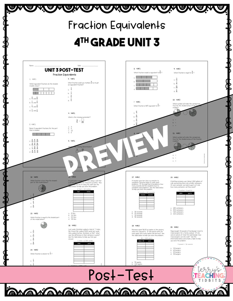 Fraction Equivalents Printable Test Pack {4th Grade Unit 3} – Terry's ...