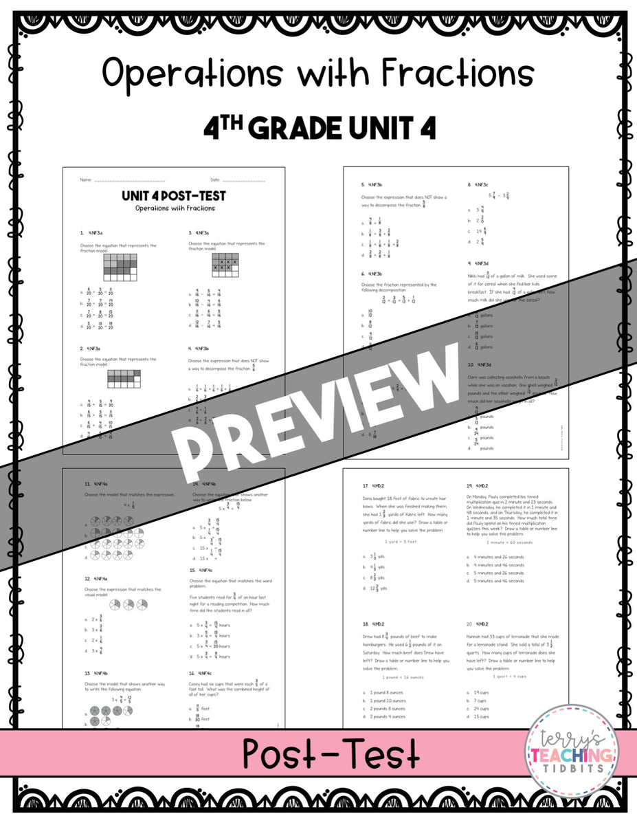 Operations with Fractions Printable Test Pack {4th Grade Unit 4 ...